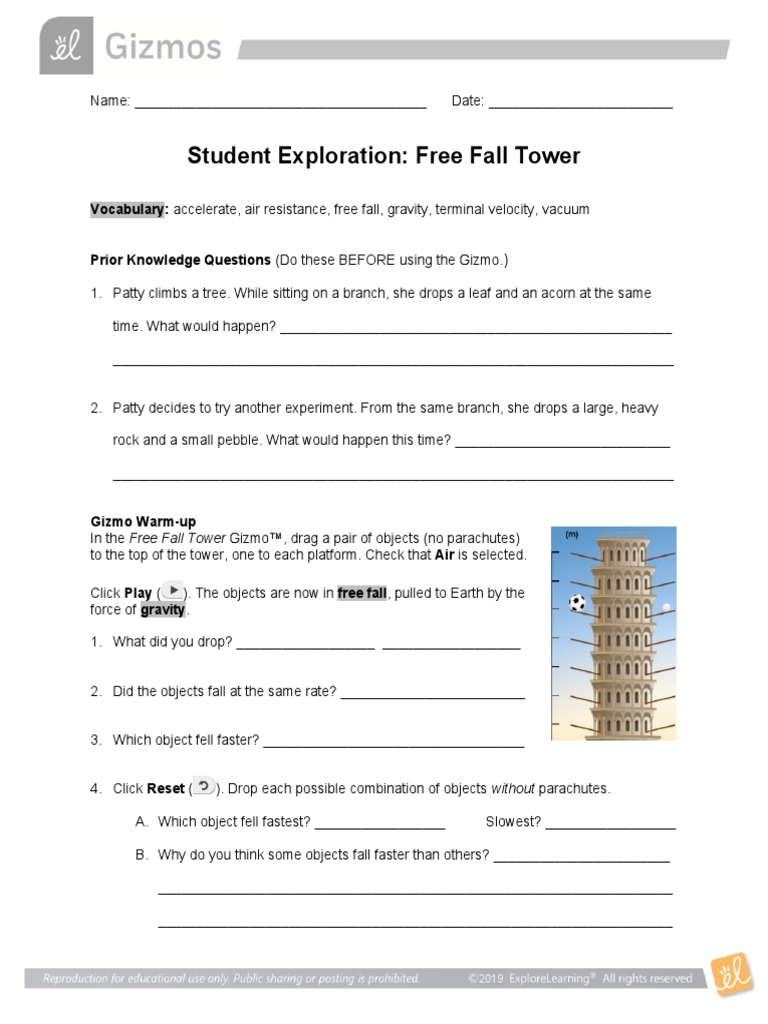 Student Exploration: Free Fall Tower | PDF | Parachute | Drag (Physics)
