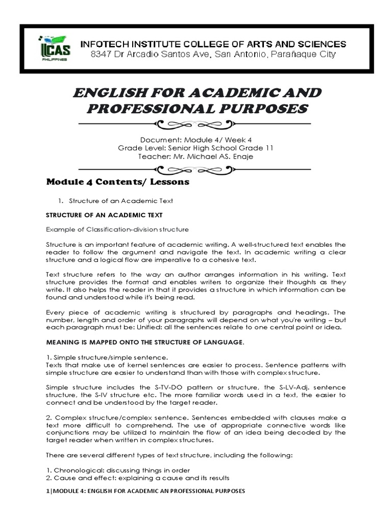 English For Academic and Professional Purposes: Module 4 Contents/ Lessons | PDF | Sentence ...