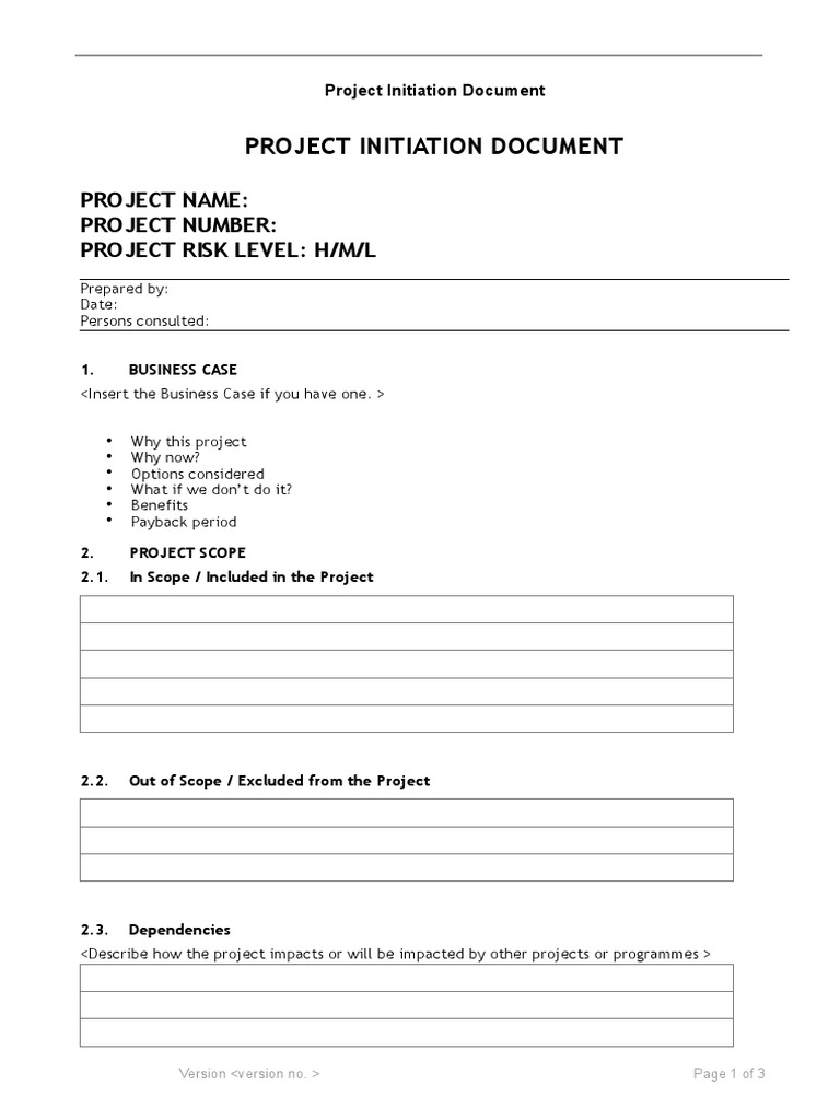 Project Initiation Document: Project Name: Project Number: Project Risk ...