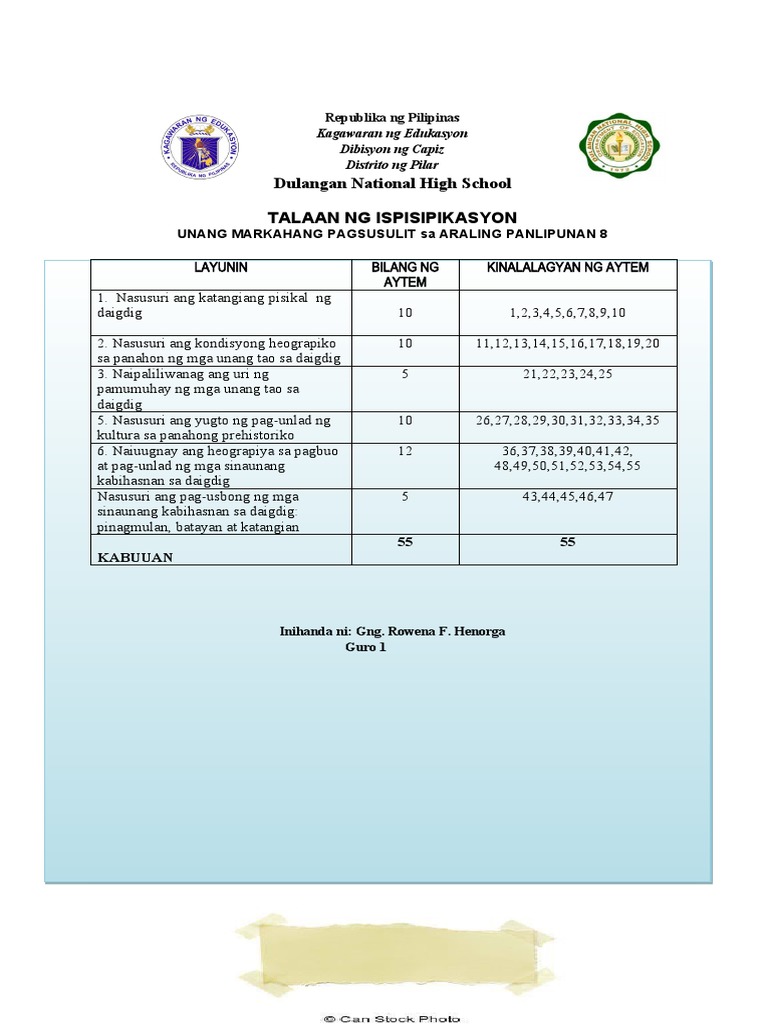 ARAL PAN 8 TOS First Grading | PDF