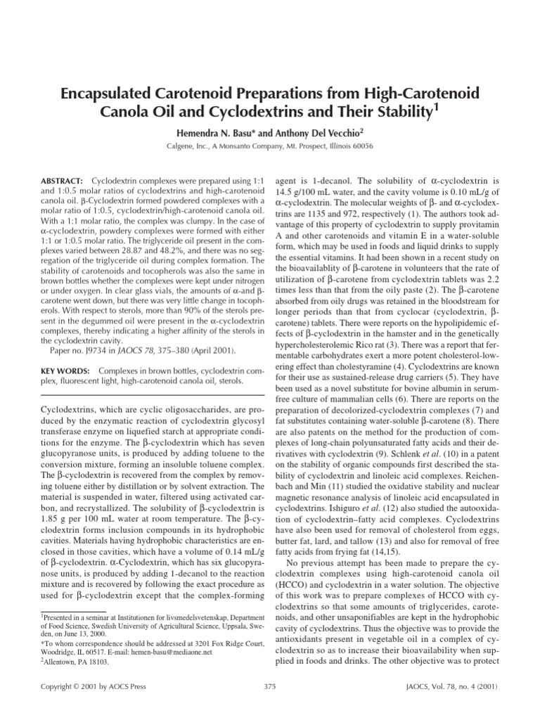 Encapsulated Carotenoid Preparations From High-Carotenoid Canola Oil and Cyclodextrins and Their ...