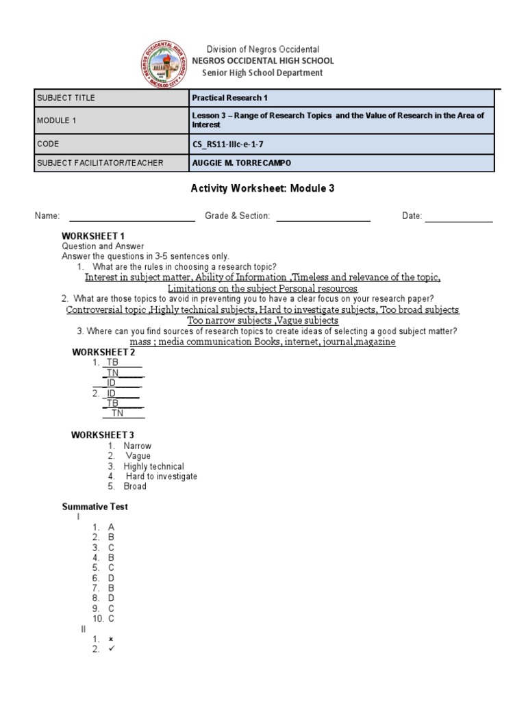 Activity Worksheet: Module 3: Cs - Rs11-Iiic-E-1-7 | PDF | Worksheet ...