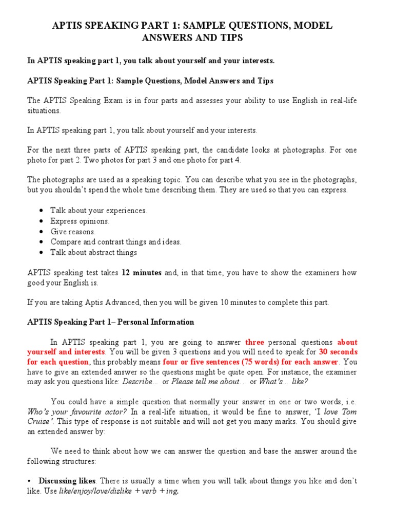 APTIS Speaking Part 1 Guide | PDF | Question | Verb