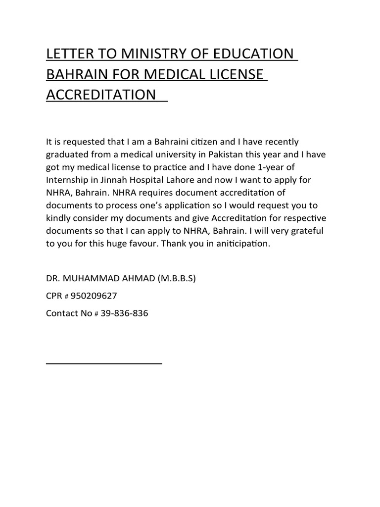 Letter To Ministry of Education Bahrain For University Degree ...