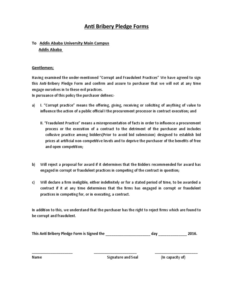 Anti Bribery Pledge Forms: To Addis Ababa University Main Campus Addis ...