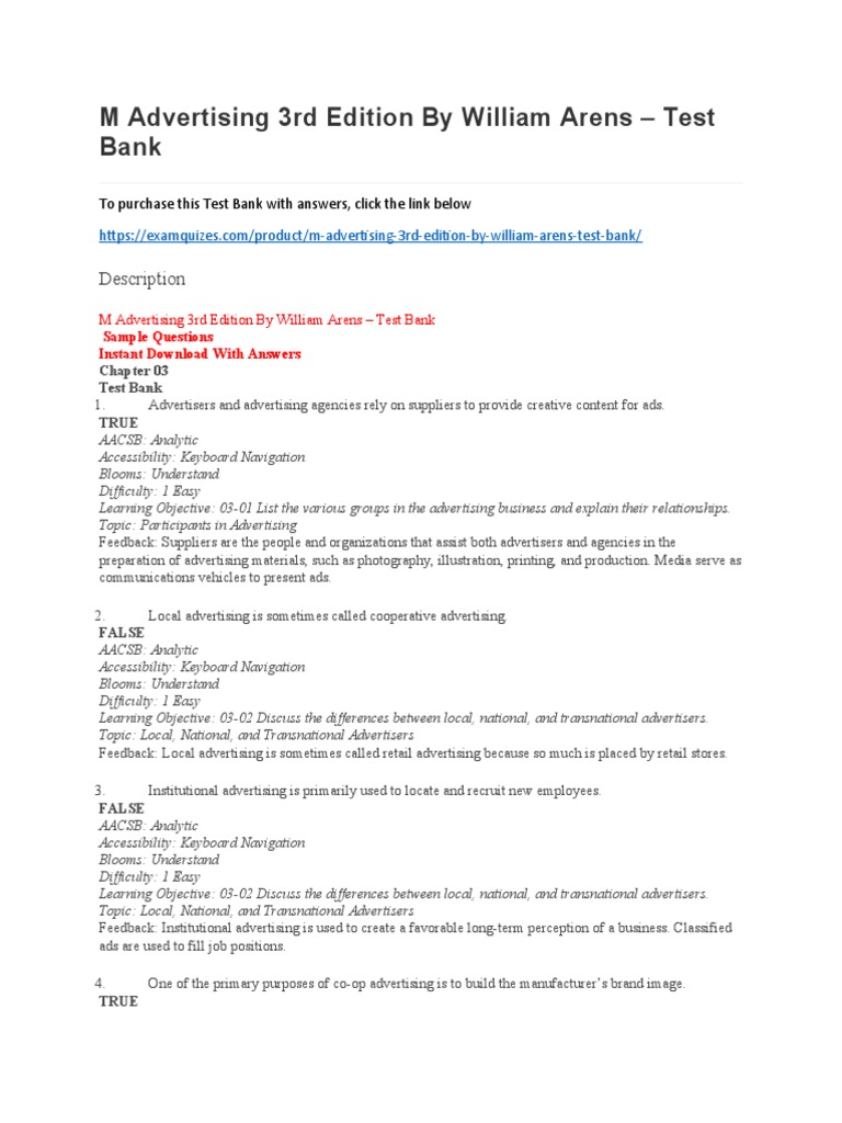 M Advertising 3rd Edition by William Arens - Test Bank | PDF ...