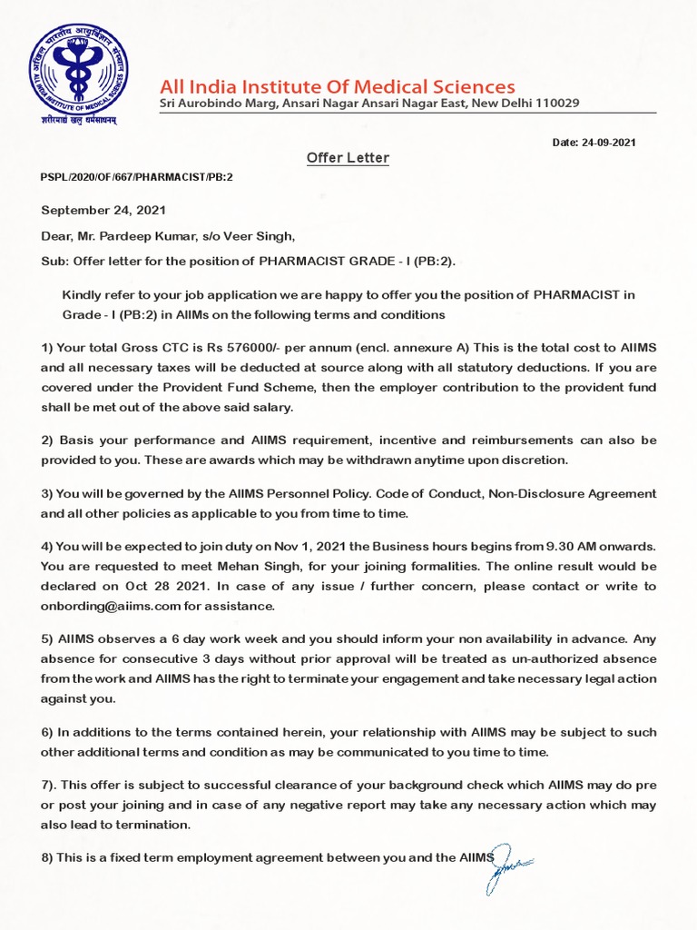 All India Institute of Medical Sciences: Offer Letter | Download Free ...