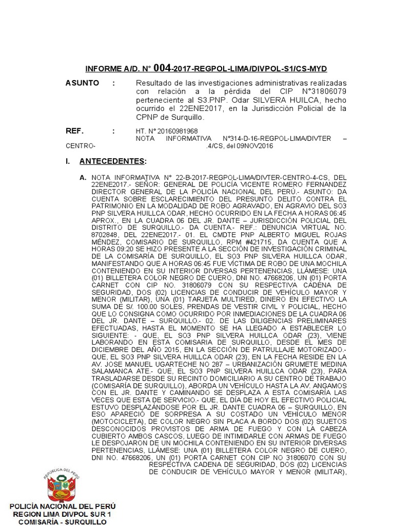 Informe Administrativo Disciplinario | PDF | Disciplinas | Policía