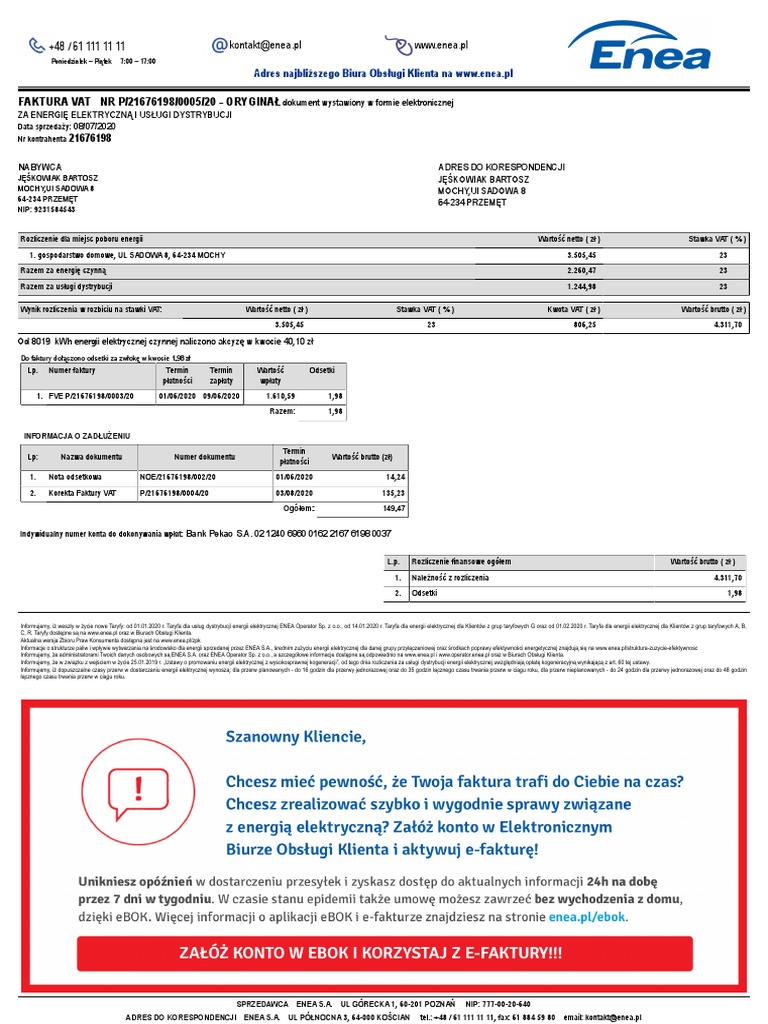 FAKTURA VAT NR P/21676198/0005/20 - ORYGINAŁ: Adres Najbliższego Biura Obsługi Klienta Na WWW ...