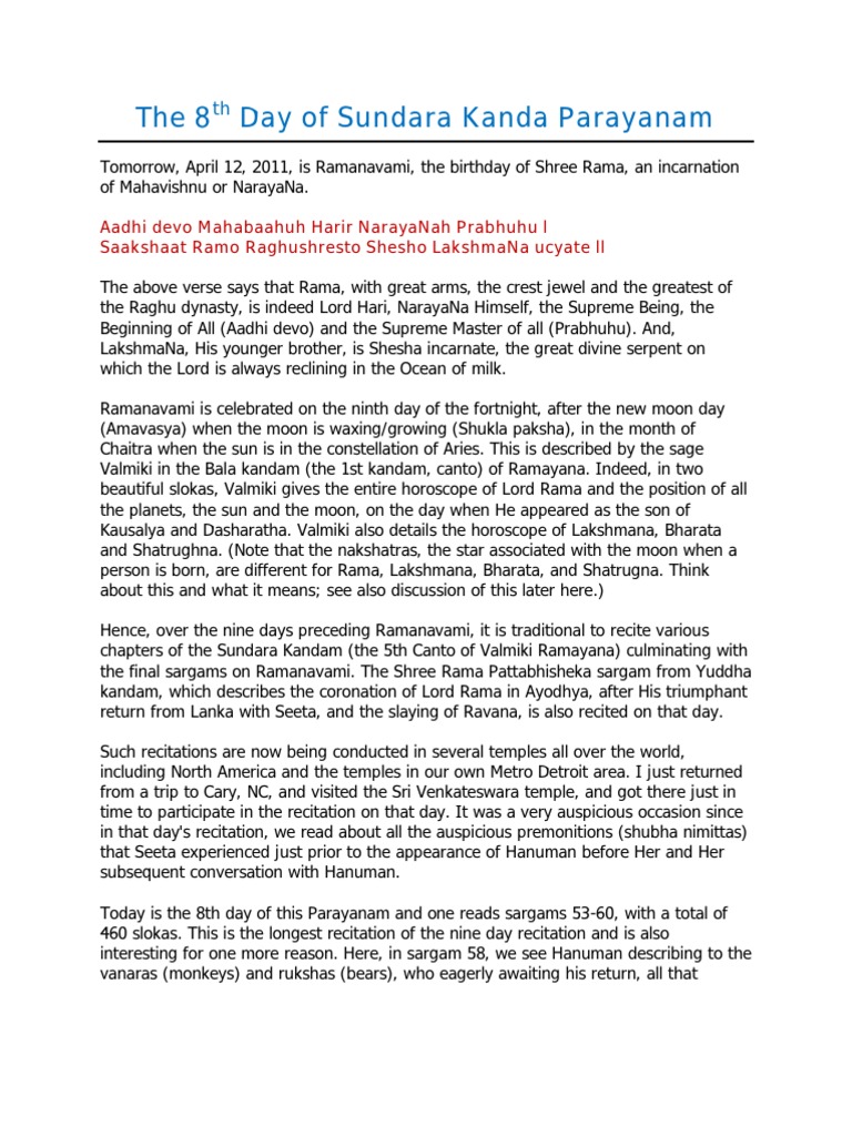 The 8th Day of Sundara Kanda Parayanam | PDF | Sita | Rama