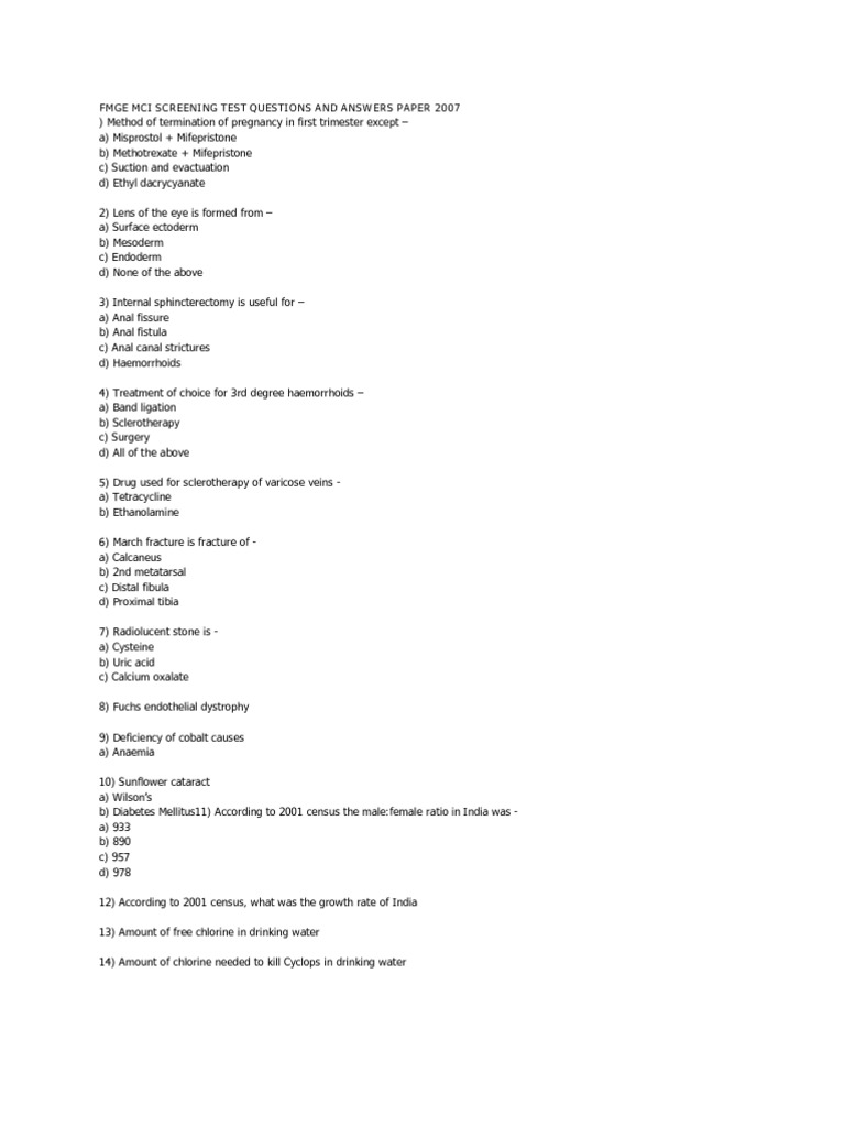 Fmge Mci Screening Test Questions and Answers Paper 2007 | PDF ...