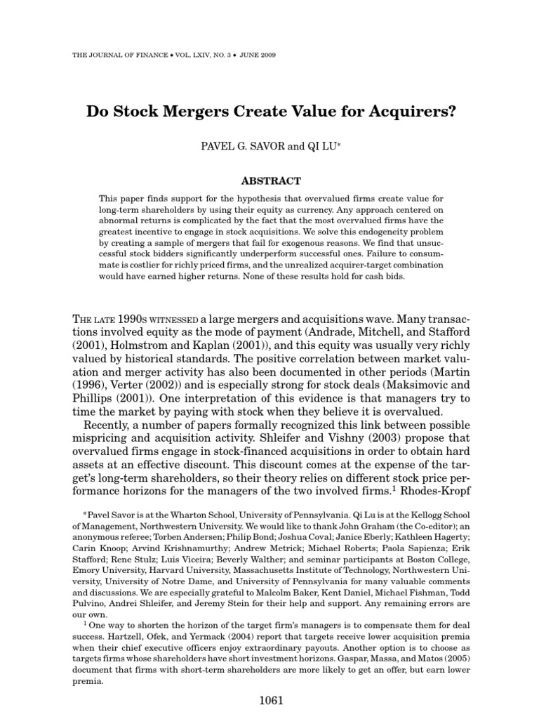 Savor & Lu 2009 - Do Stock Mergers Create Value For Acquirers (JF ...