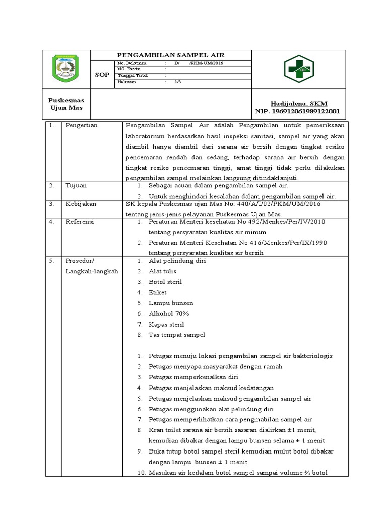 Sop Pengambilan Sampel Air | PDF