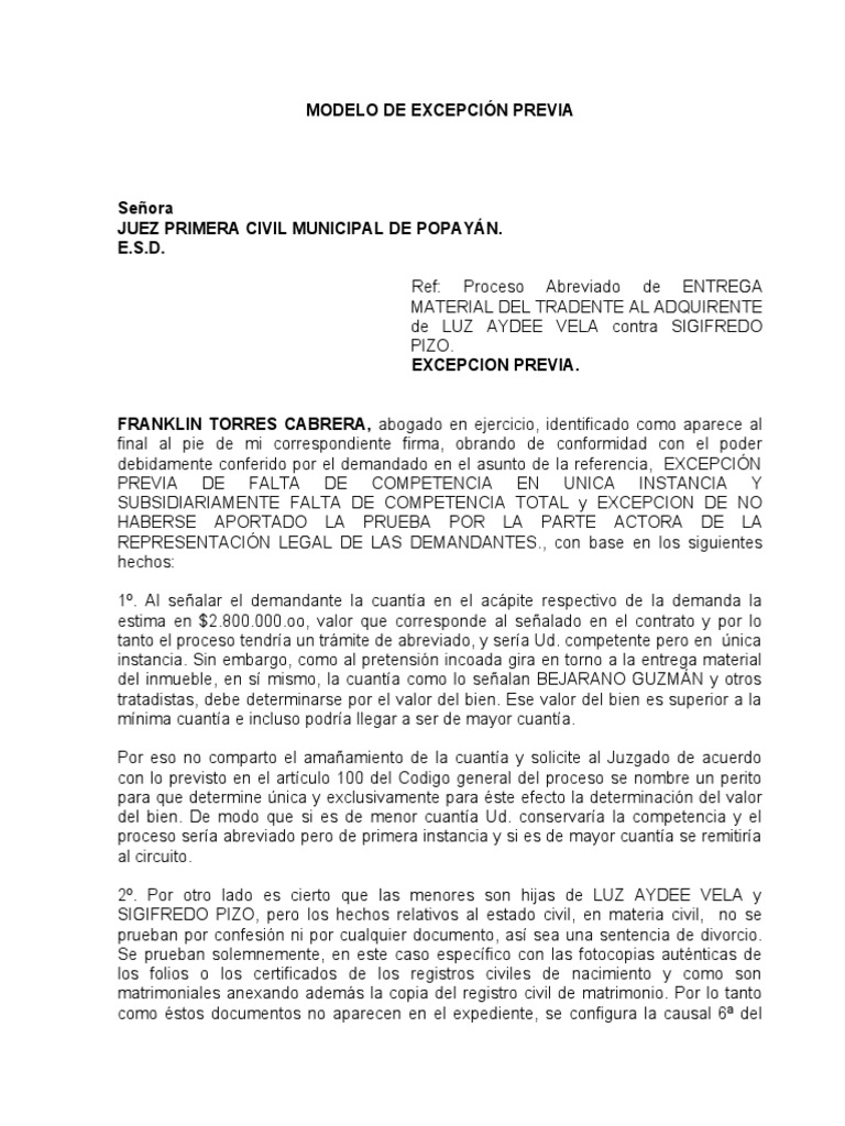 Modelo de Excepción Previa | PDF | Instituciones sociales | Ciencias ...