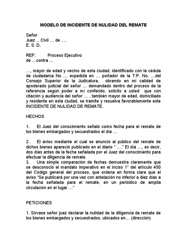 Modelo de Incidente de Nulidad Del Remate | PDF | Justicia | Crimen y ...