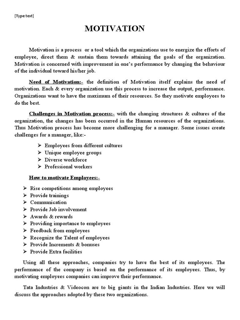 Motivation at Tata Industries and Videocon | PDF | Motivational ...