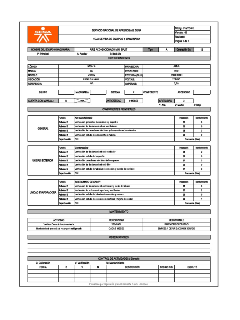 Formato Hoja de Mto Aire Acondicionado.-Tes-001 | PDF | Microsoft Excel ...