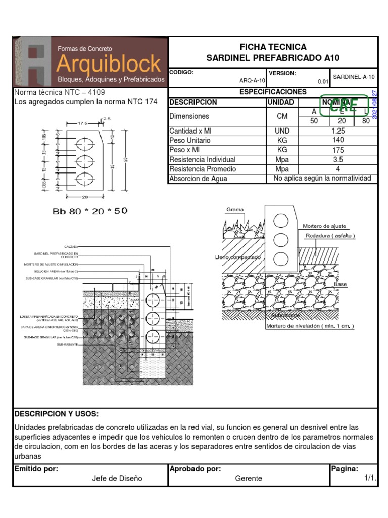Ficha Técnica Sardinel Prefabricado A-10 | PDF