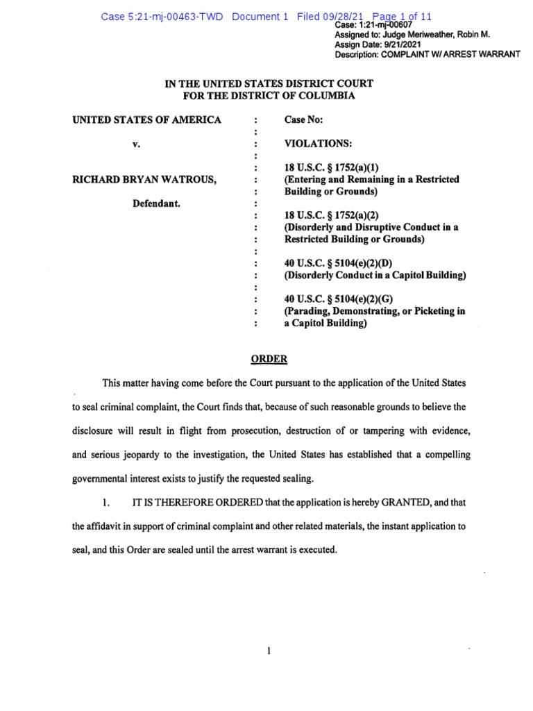 Richard Watrous Capitol Riot Charges | PDF