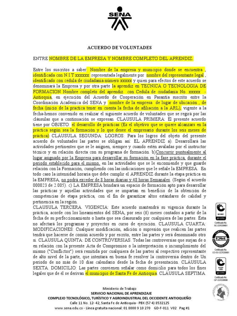 Formato Acuerdo de Voluntades - Logo Sena | PDF