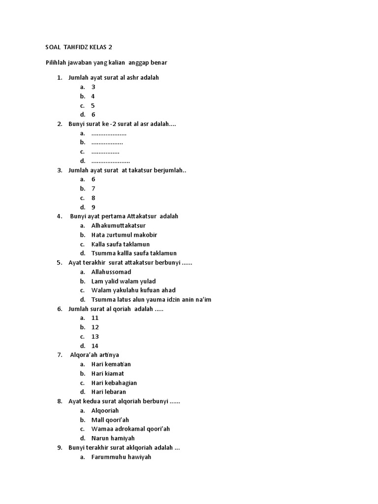 Soal Tahfidz Kelas 2 | PDF