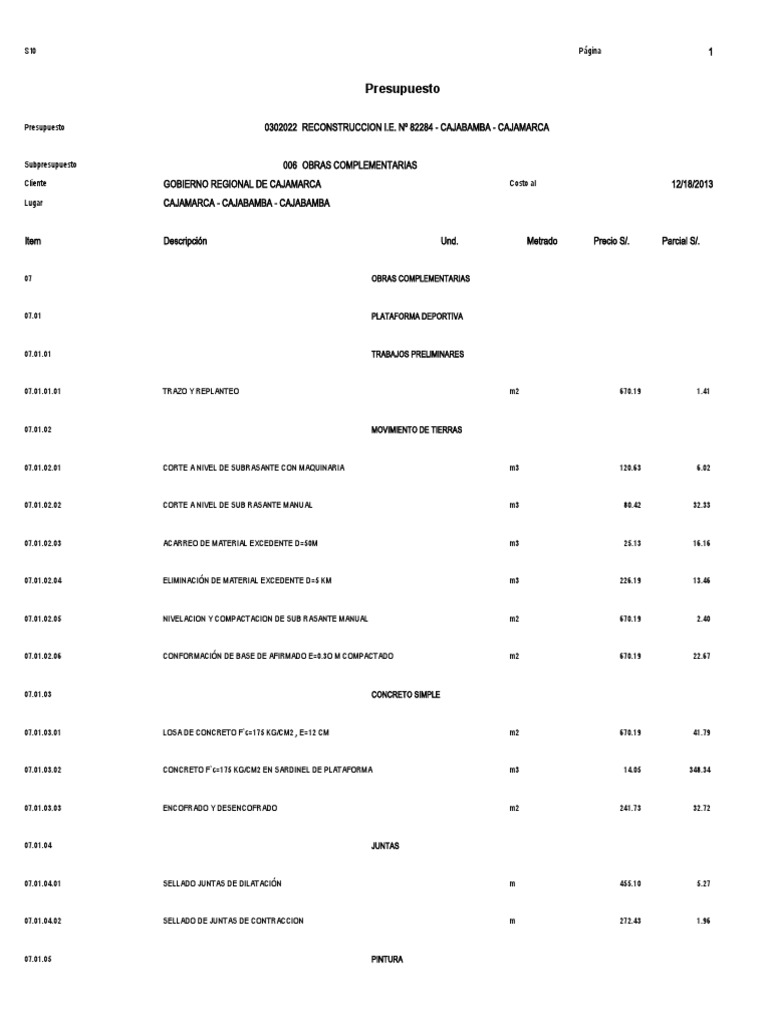 Presupuesto Obras Complementarias | PDF | Hormigón | Construyendo tecnología
