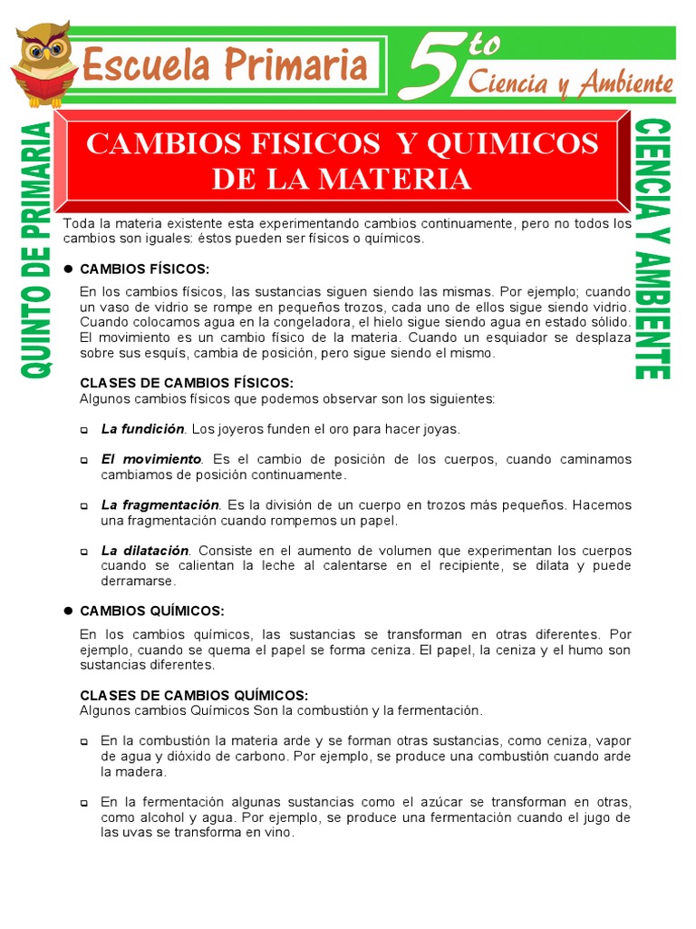 Cambio Físicos y Químicos de La Materia para Quinto de Primaria | PDF ...