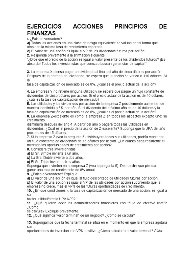 Ejercicios Acciones Principios de Finanzas | PDF | Compartir (Finanzas ...