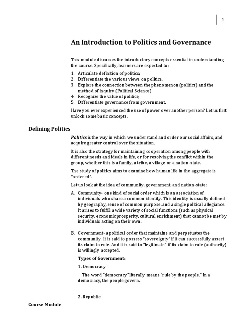 Week 001-Module An Introduction To Politics and Governance | PDF ...