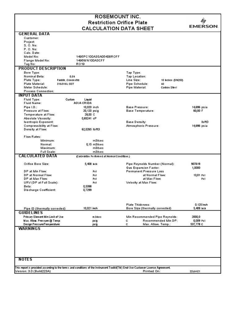 Rosemount Inc. Restriction Orifice Plate Calculation Data Sheet ...