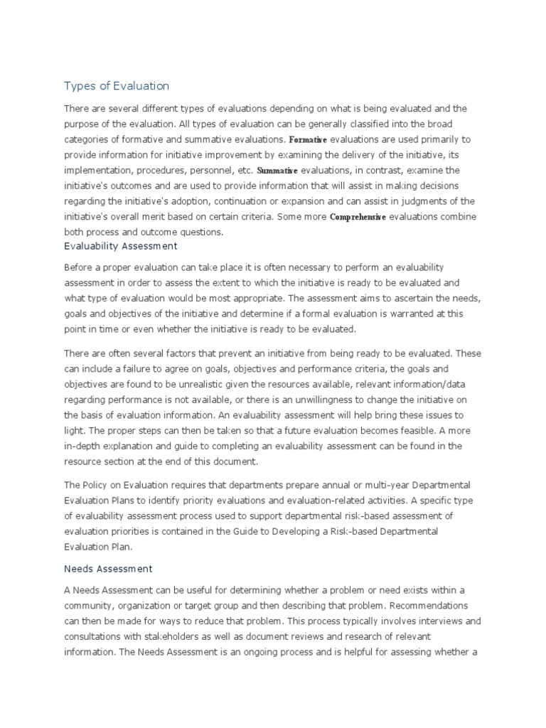Types of Evaluation: Evaluability Assessment | PDF | Evaluation | Needs ...