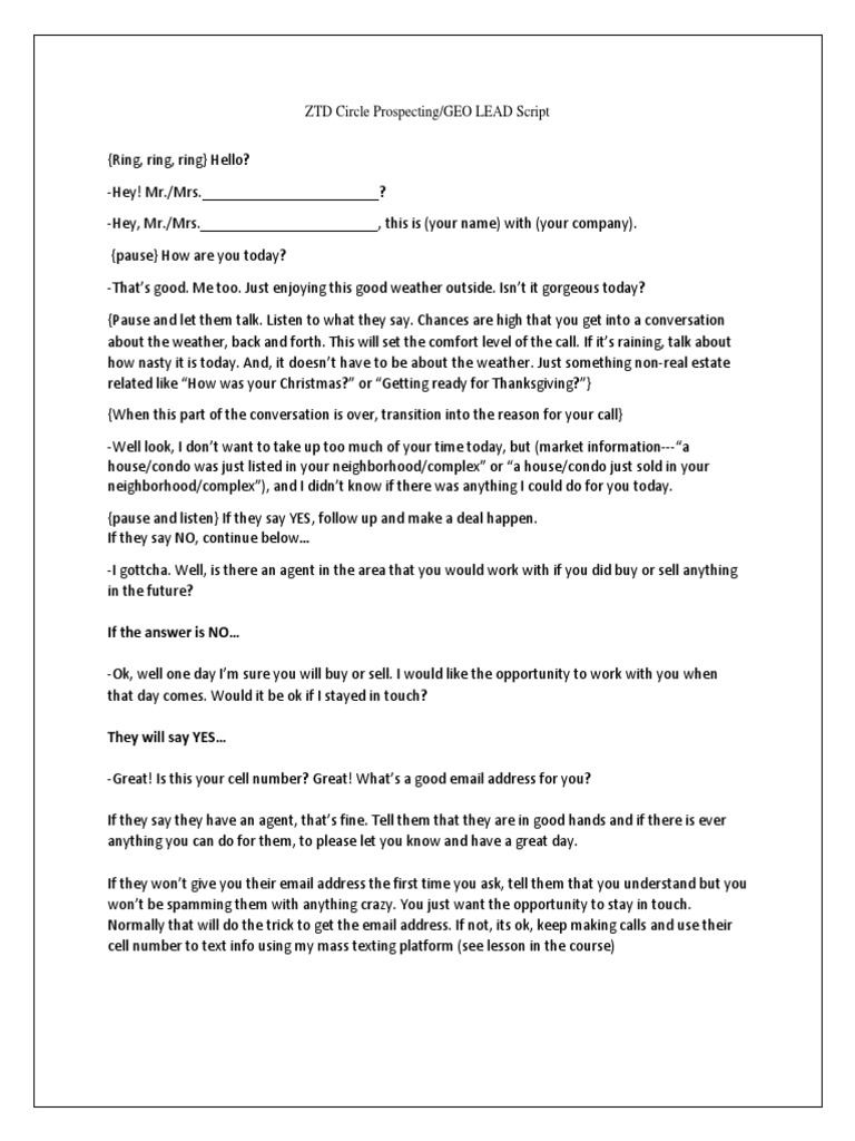 ZTD Circle Prospecting/GEO LEAD Script: If The Answer Is NO | PDF