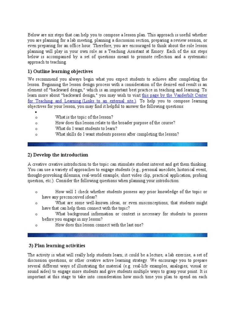 Six Steps Lesson Plan | PDF | Lesson Plan | Learning