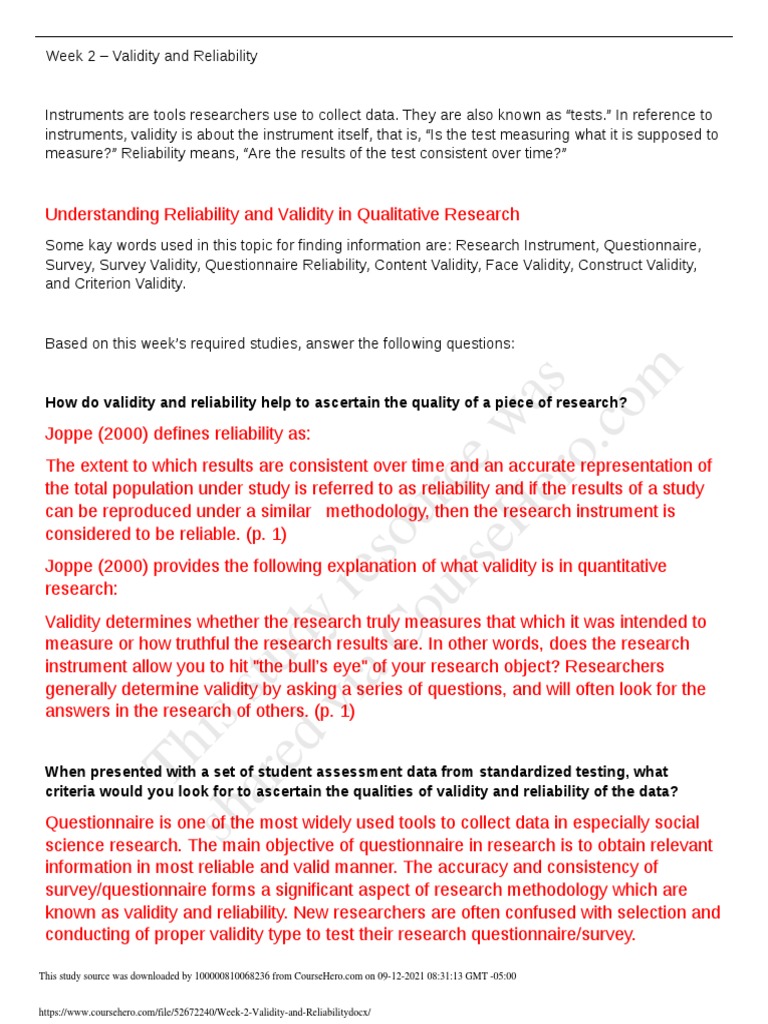 Week 2 Validity and Reliability | PDF | Validity (Statistics) | Survey ...
