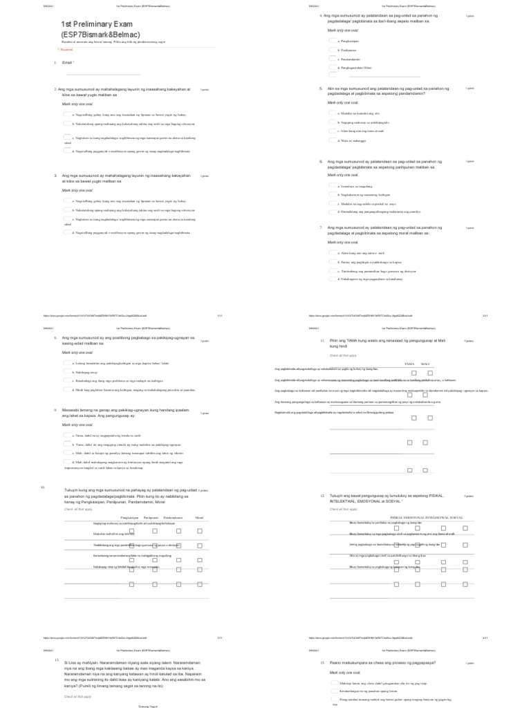1st Preliminary Exam (ESP7) - Google Forms | PDF