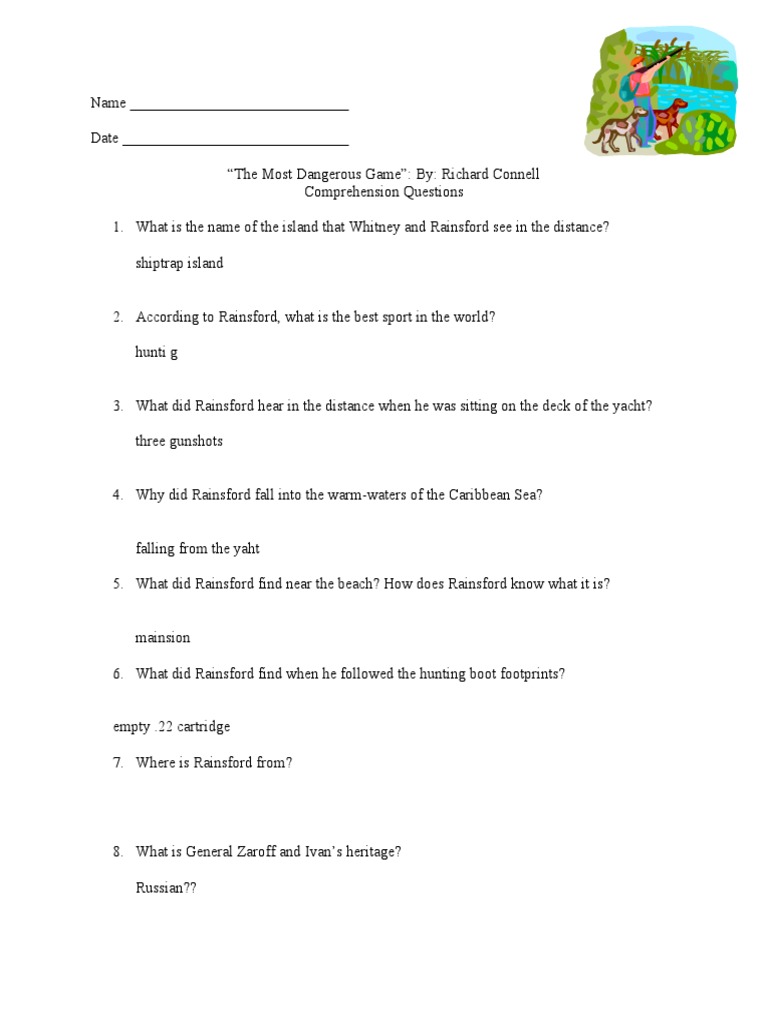 Comprehension Questions for "The Most Dangerous Game" | PDF | Blood ...