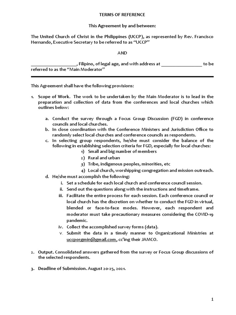 Terms of Reference This Agreement by and Between | PDF