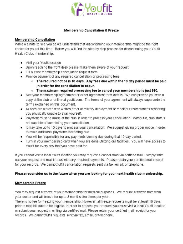 How To Cancel or Freeze Your Youfit Membership | PDF | Mail ...