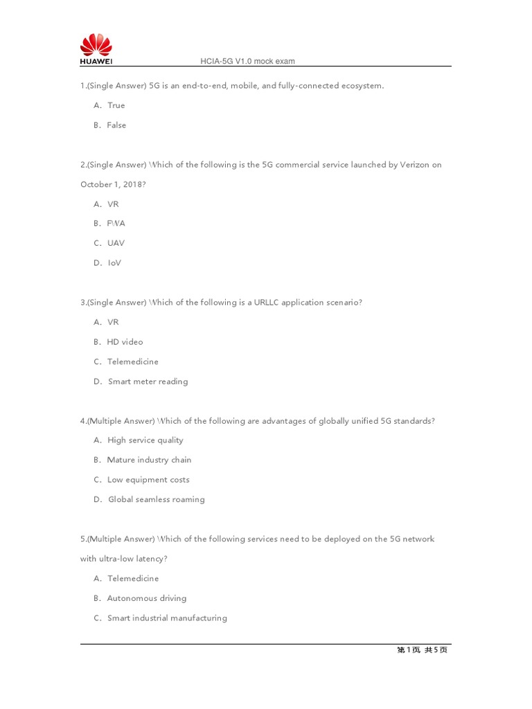 HCIA-5G V1.0 Mock Exam | PDF | 4 G | Computer Networking