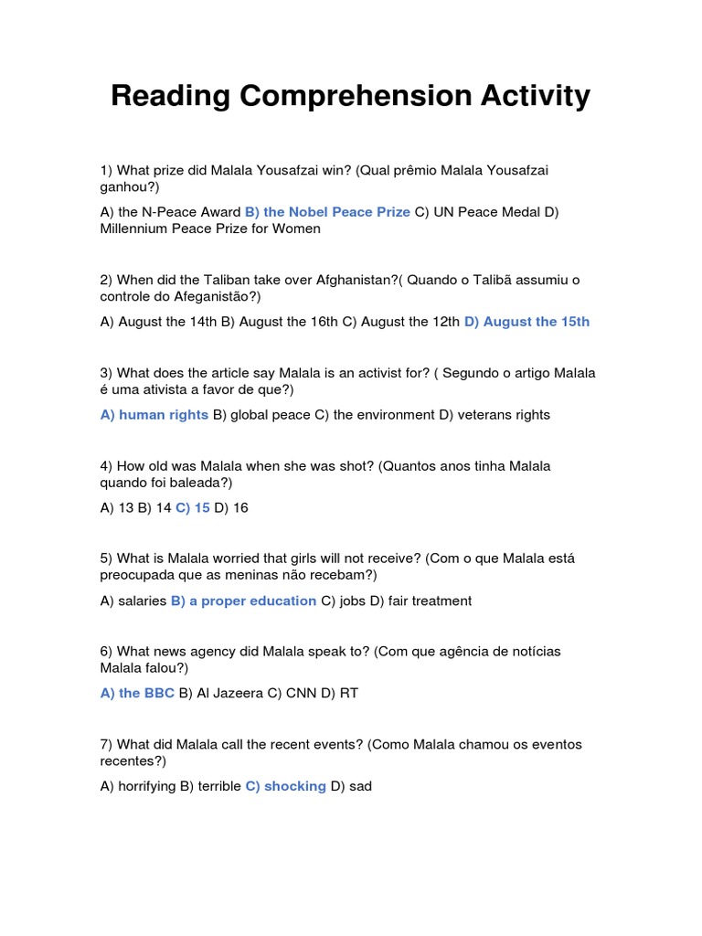 Malala Yousafzai Comprehension Quiz | PDF