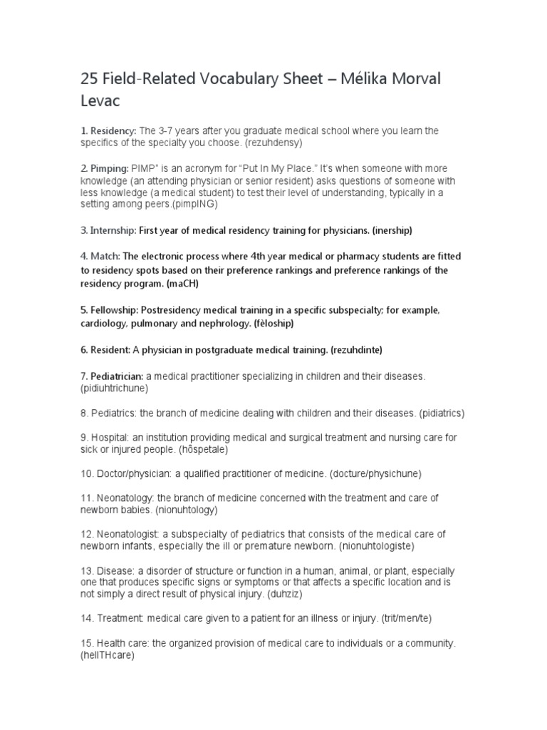 Field-Specific Vocabulary for Medicine | PDF | Residency (Medicine ...