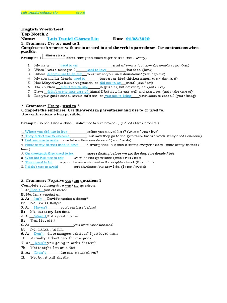 Worksheet Luis Daniel Gómez Liu | PDF | Food And Drink | Eating ...