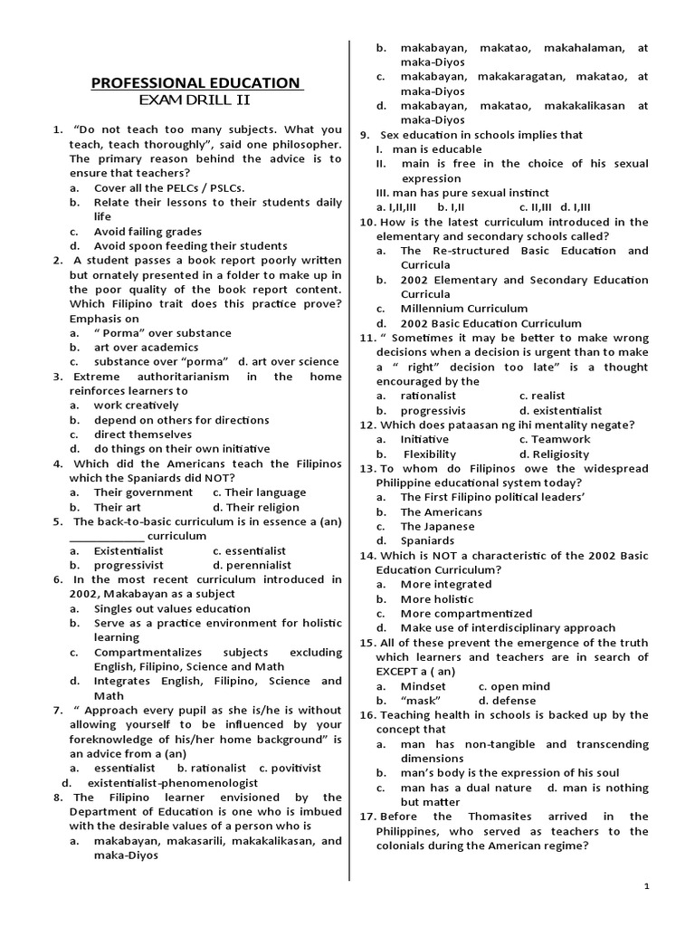 Professional Education Exam Drill | PDF | Reading Comprehension | Teachers