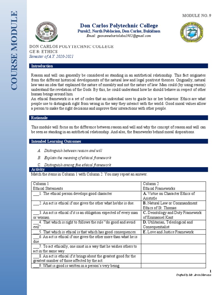 Don Carlos Polytechnic College Ge 8: Ethics | PDF | Virtue Ethics ...