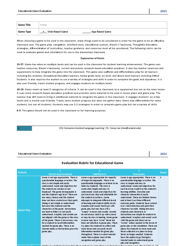 Game Evaluation A | PDF | Teachers | Lesson Plan