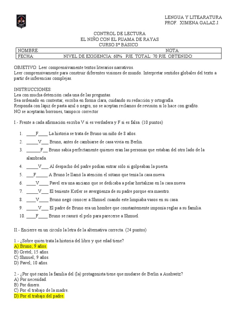 Prueba Libro El Nino Con El Pijama de Rayas | PDF | Artes del Lenguaje ...