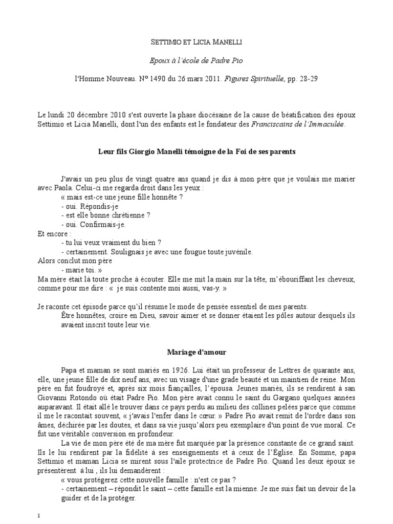 Settimio Et Licia Manelli Epoux de Padre Pio | PDF | Mariage ...
