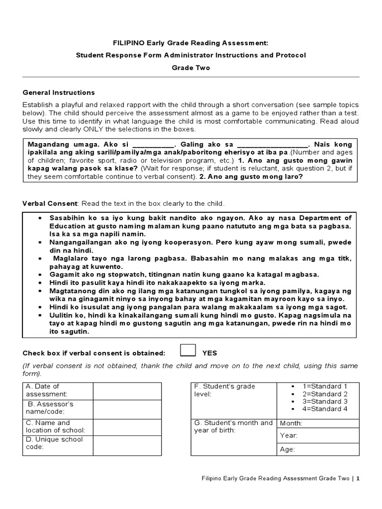 EGRA Edited Grade Two Filipino Early Grade Reading Assessment | PDF
