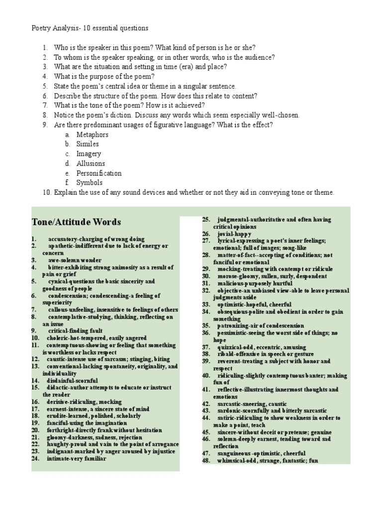 Poetry Analysis 10 Questions | PDF | Poetry | Psychological Concepts