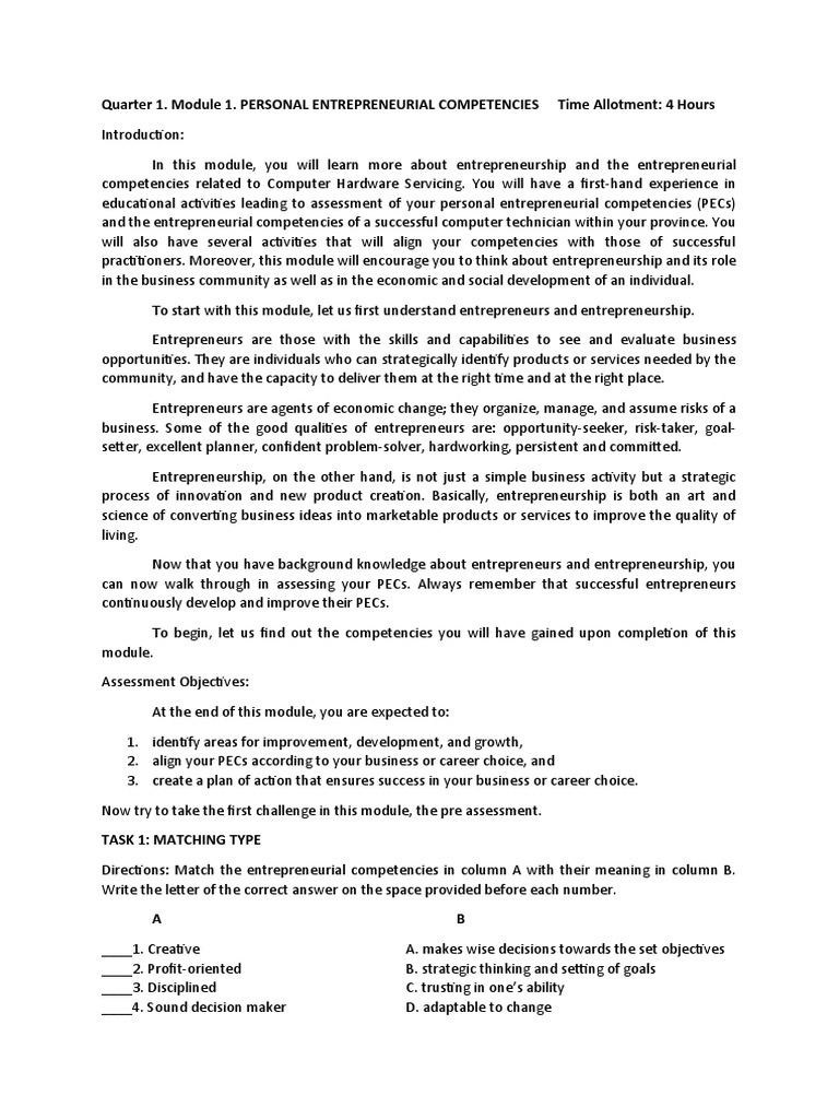 TLE 9 ICT Quarter 1 Modules 1 To 2 | PDF | Swot Analysis | Entrepreneurship